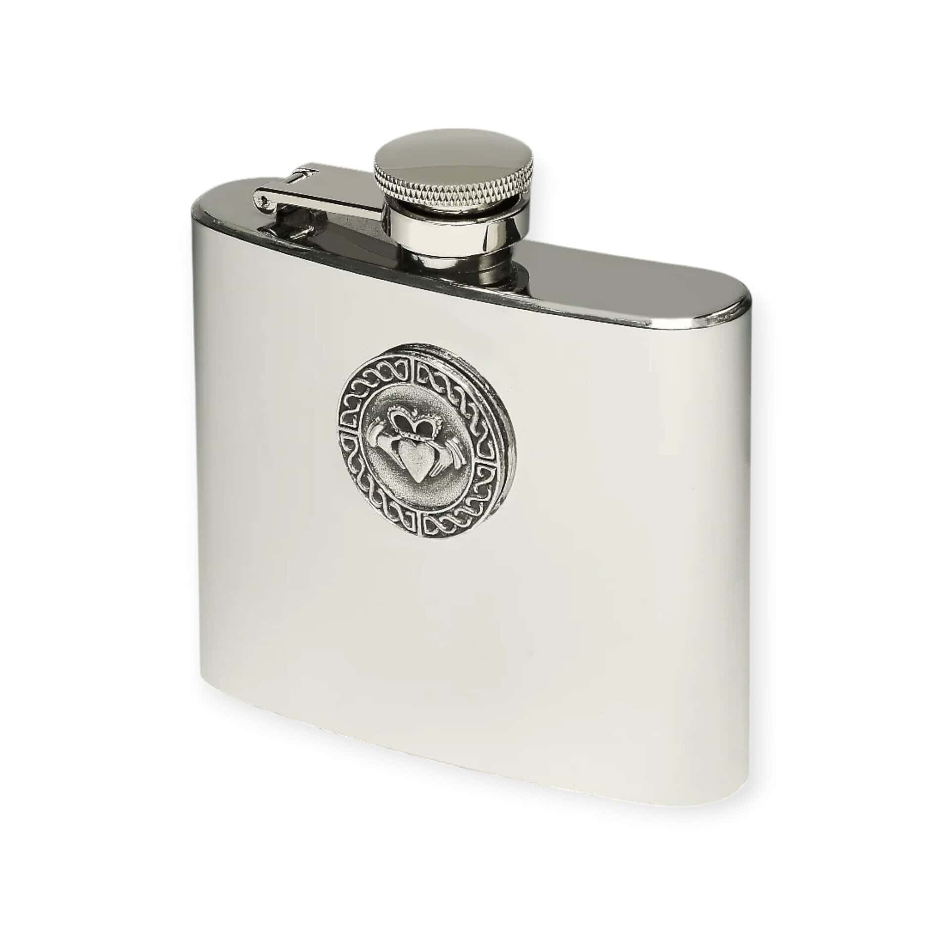 Claddagh Hip Flask – 5oz Stainless Steel by Mullingar Pewter | Irish Tweeds