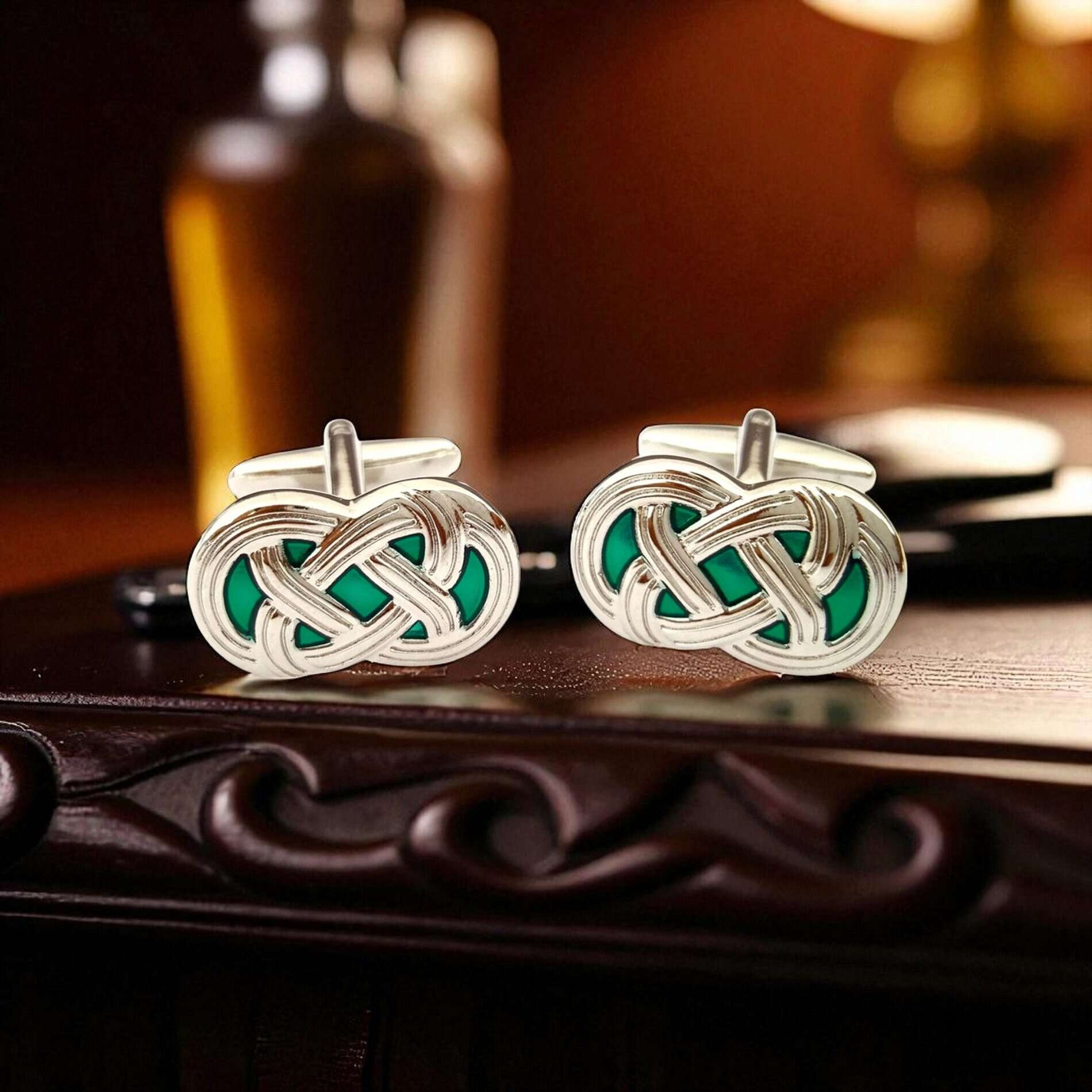 Celtic Knot Cufflinks Green Weave - Irish Traditional Design
