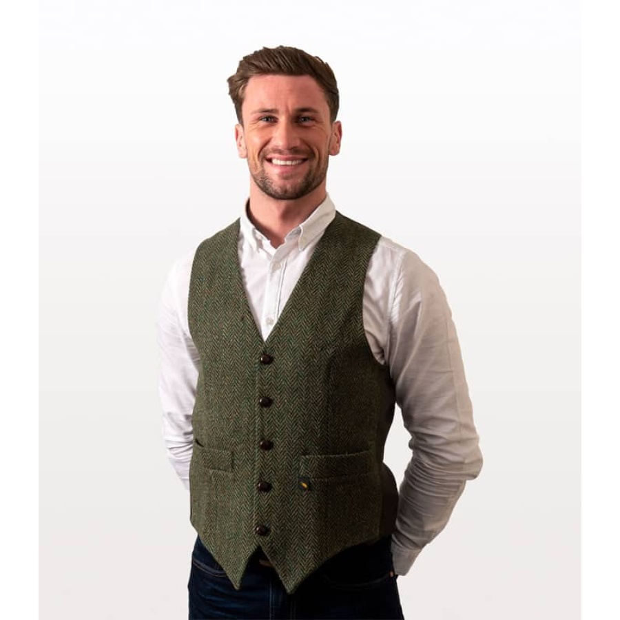 Irish Donegal Tweed Vest Waistcoat - Green Herringbone