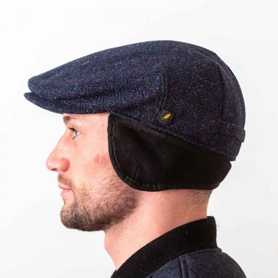 Navy Blue Donegal Tweed Cap with Foldaway Ear Flaps - Dubliner | Irish ...