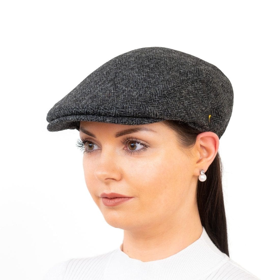 Irish Tweed Stretch-Fit Flat Cap - Charcoal Herringbone - Aran