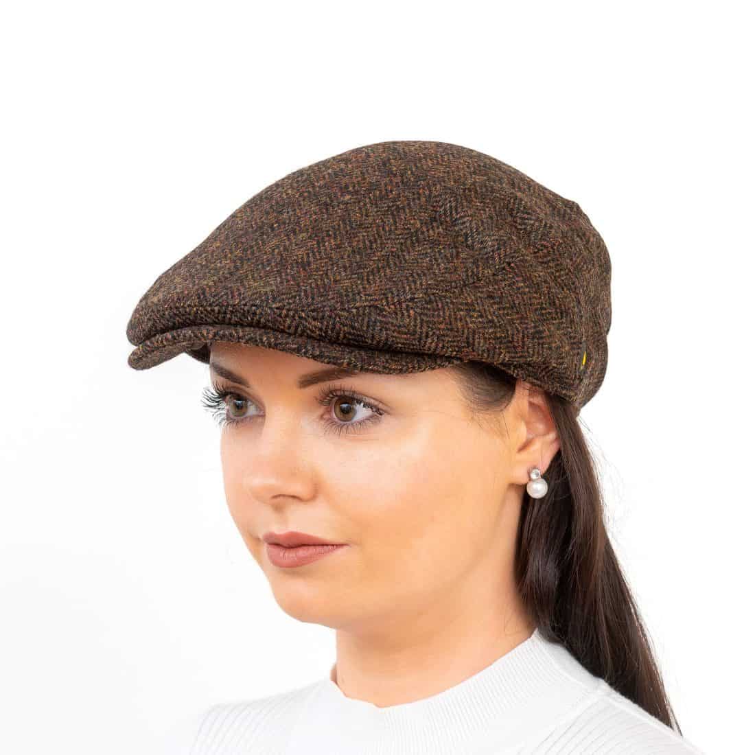 Irish Tweed Stretch-Fit Flat Cap - Whiskey Herringbone - Aran
